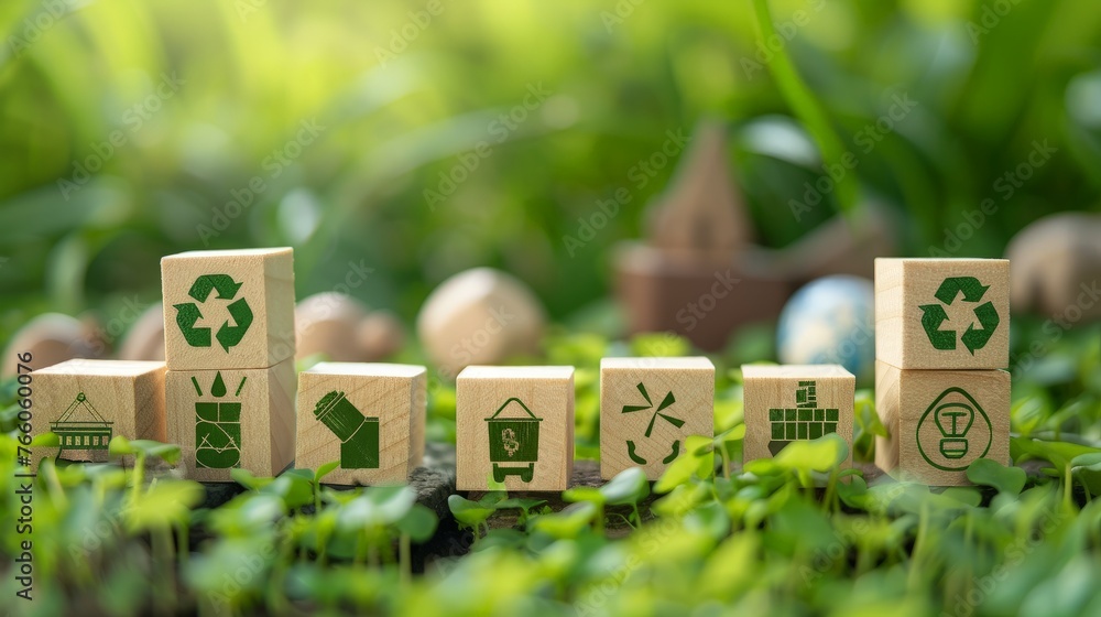 icons related to reduce, reuse, recycle on green background blocks The ...