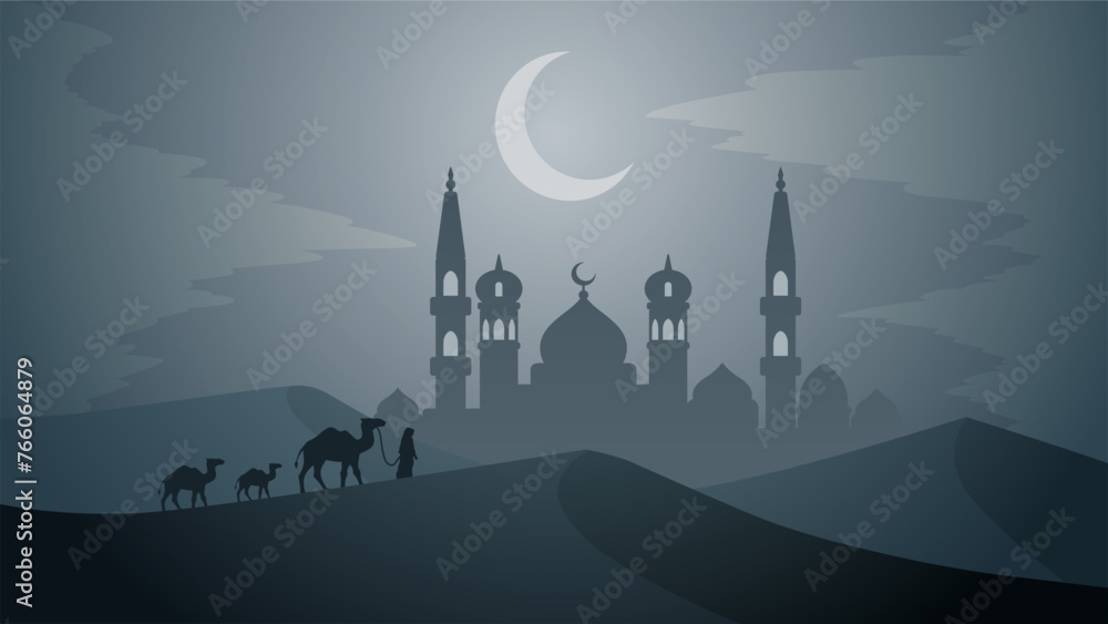 Ramadan landscape vector illustration. Mosque in the desert with camel ...