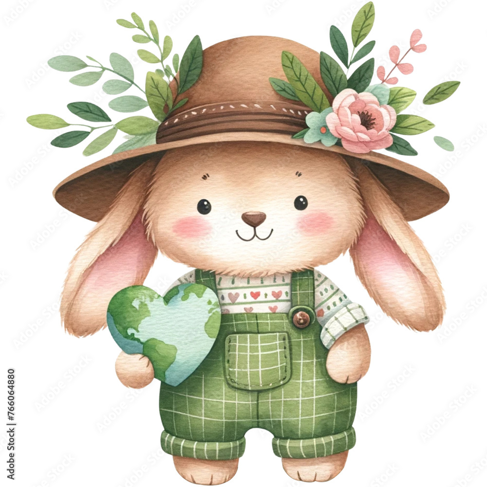 cute watercolor bunny earth day, earth day clipart, cute animal earth ...