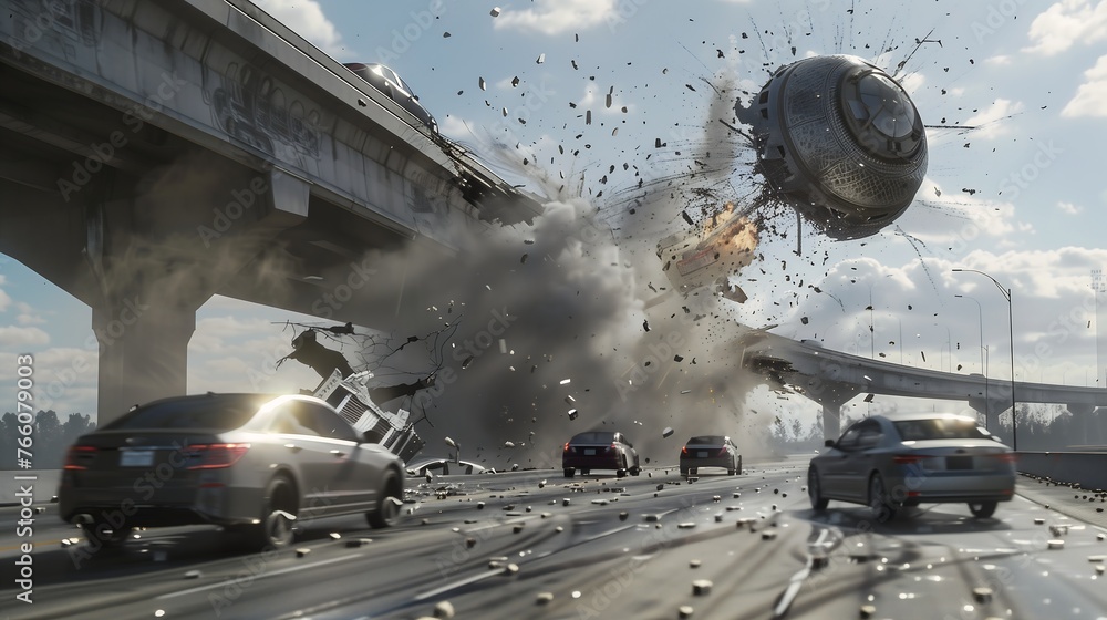 cars driving highway huge ball air digital massive destruction still ...