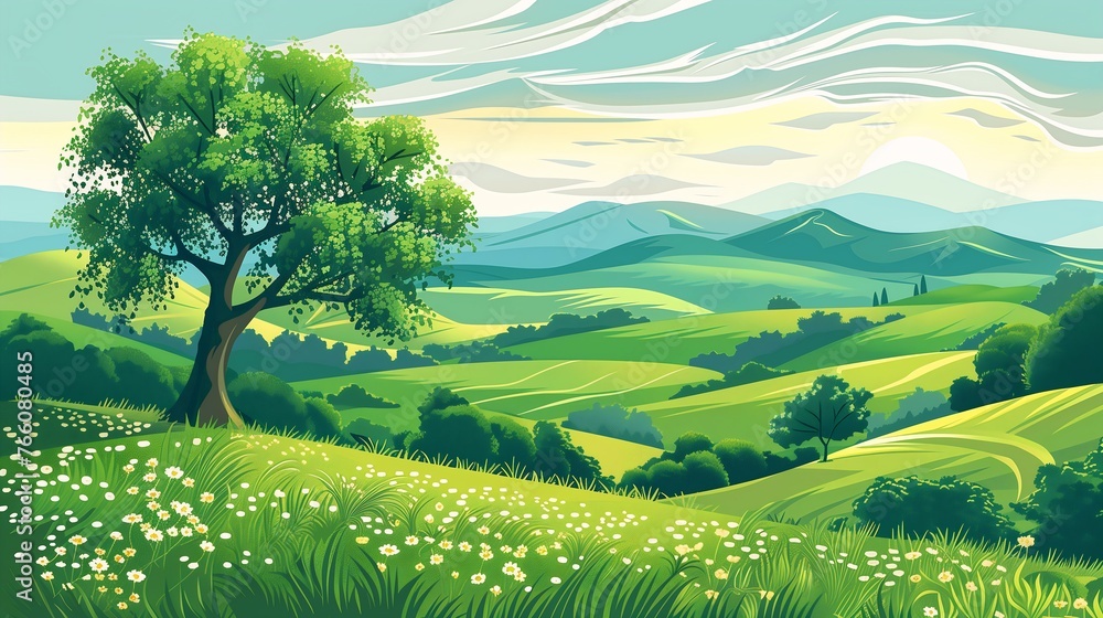 cartoon illustration green landscape tree mountains bliss next farm ...