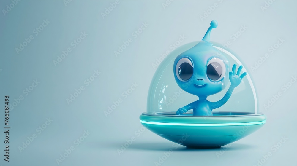 Cute blue alien character sitting in a glass UFO with a round bottom ...