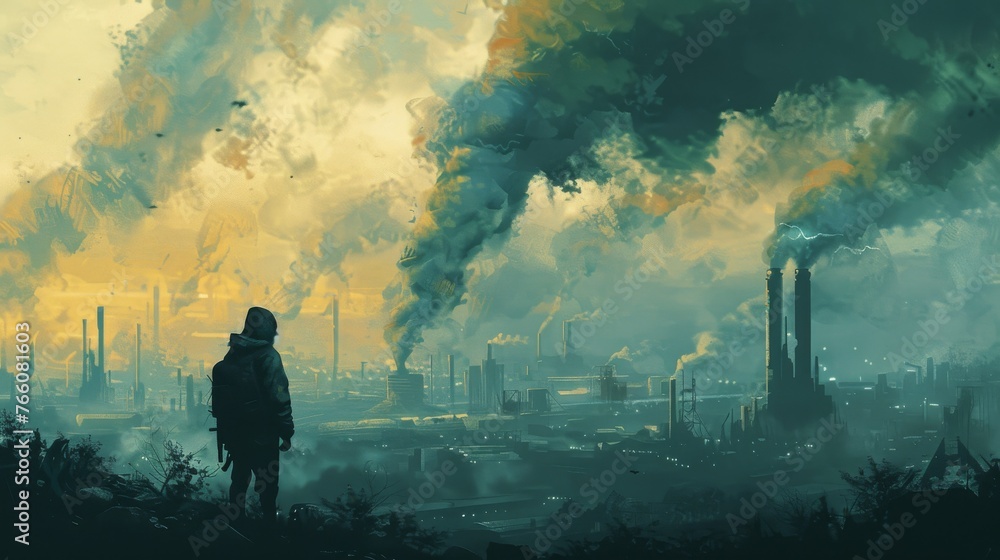 A character in a polluted urban landscape urging viewers to consider ...