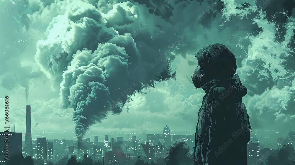 A character in a polluted urban landscape urging viewers to consider ...