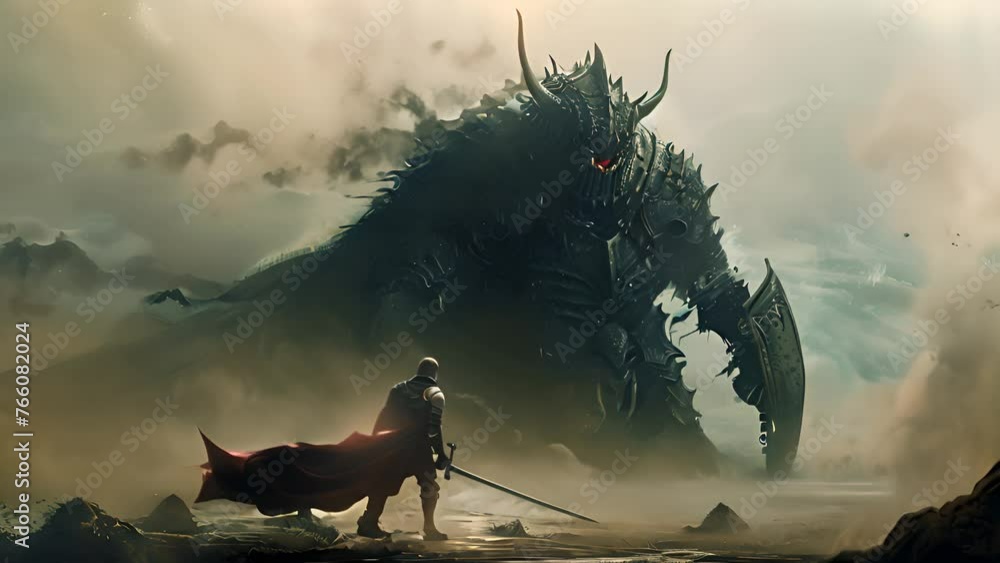 Epic Warrior Facing a Colossal Dark Monster with Ai generated. Stock ...