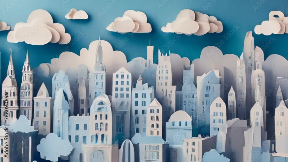Three-dimensional cut-out art of an urban cityscape crafted in white ...