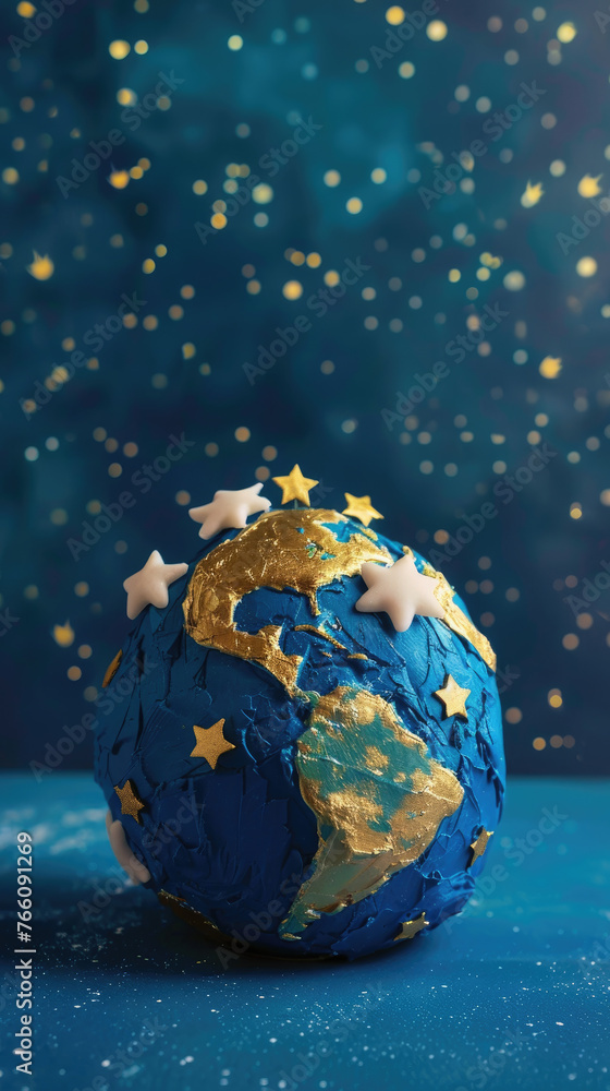 A blue and gold planet Earth sleeping with stars on its head, made of ...