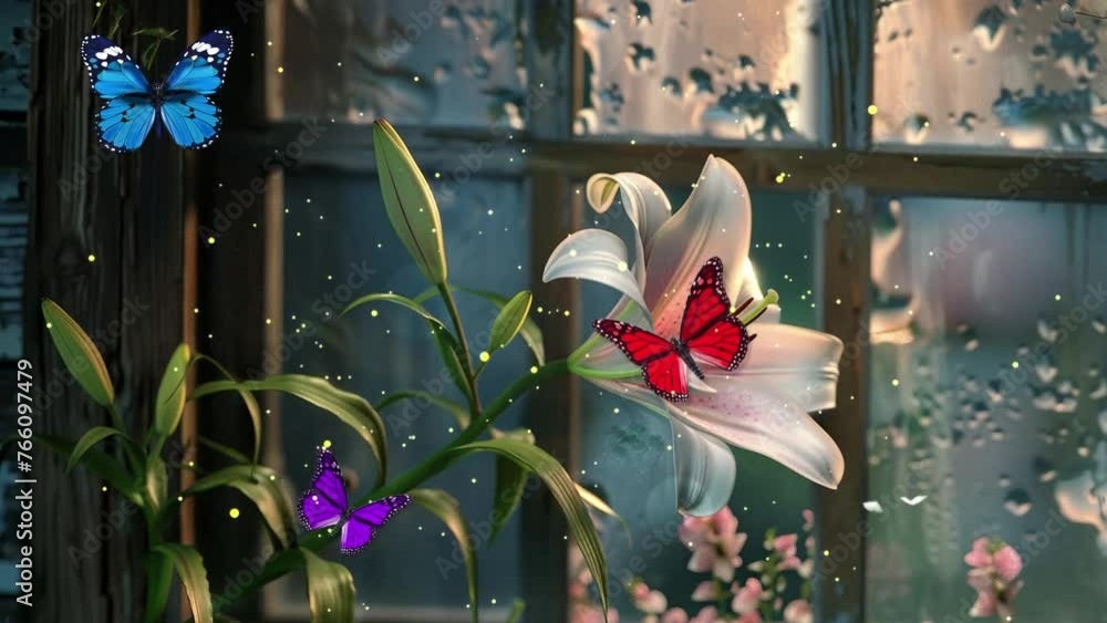 window with lily. seamless looping overlay 4k virtual video animation ...