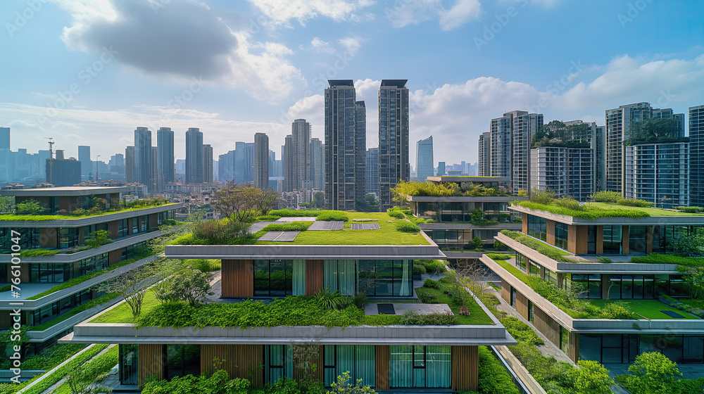 Sustainable modern housing with green rooftop gardens overlooks a ...