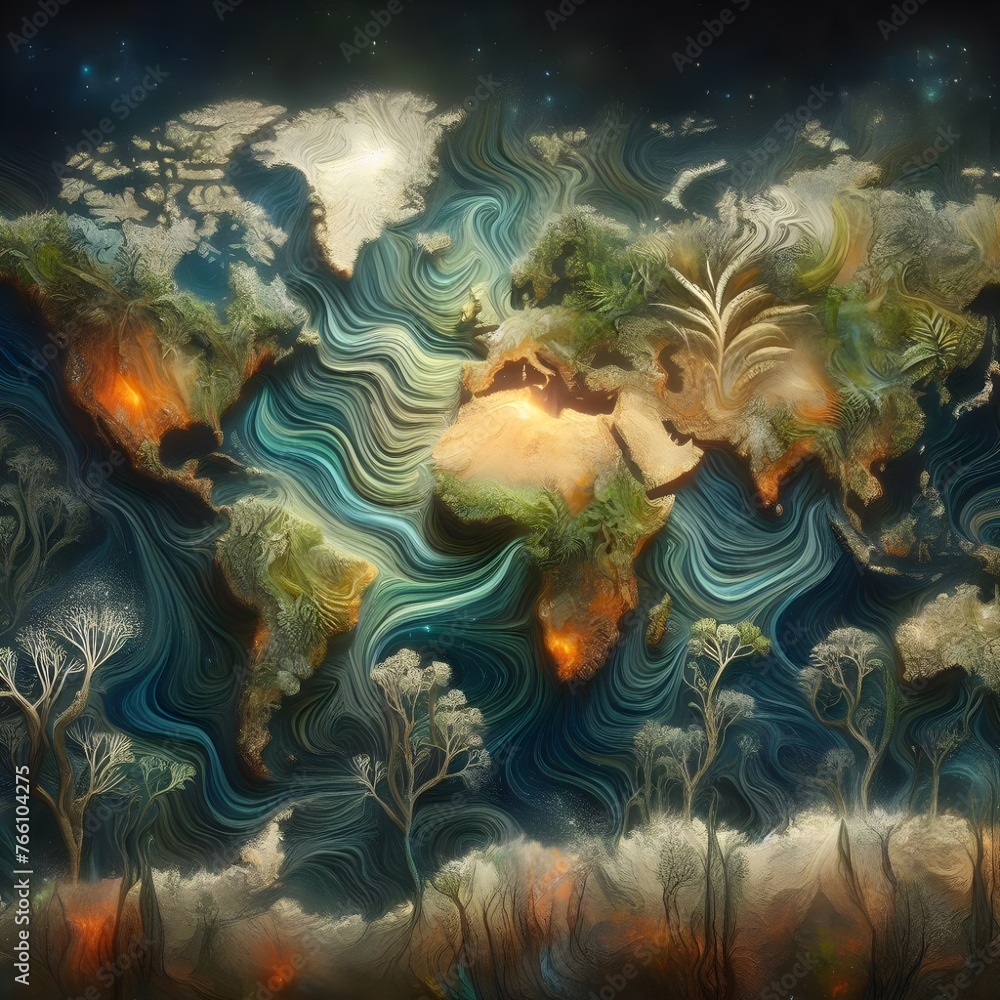 Textures and plants on world map and ocean currents Stock Photo | Adobe ...