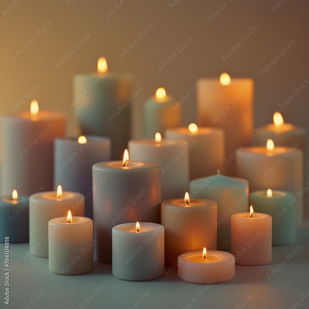 Illustrate a panoramic scene of candles flickering in different shapes ...