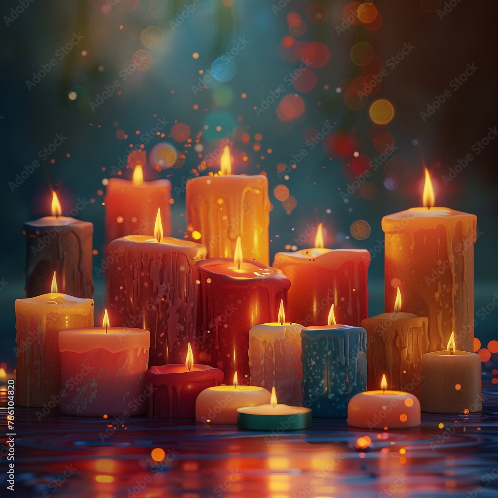 Illustrate a panoramic scene of candles flickering in different shapes ...