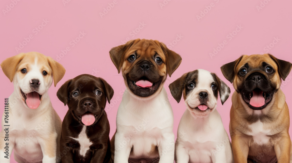 lineup of five adorable puppies with a plain background, each ...
