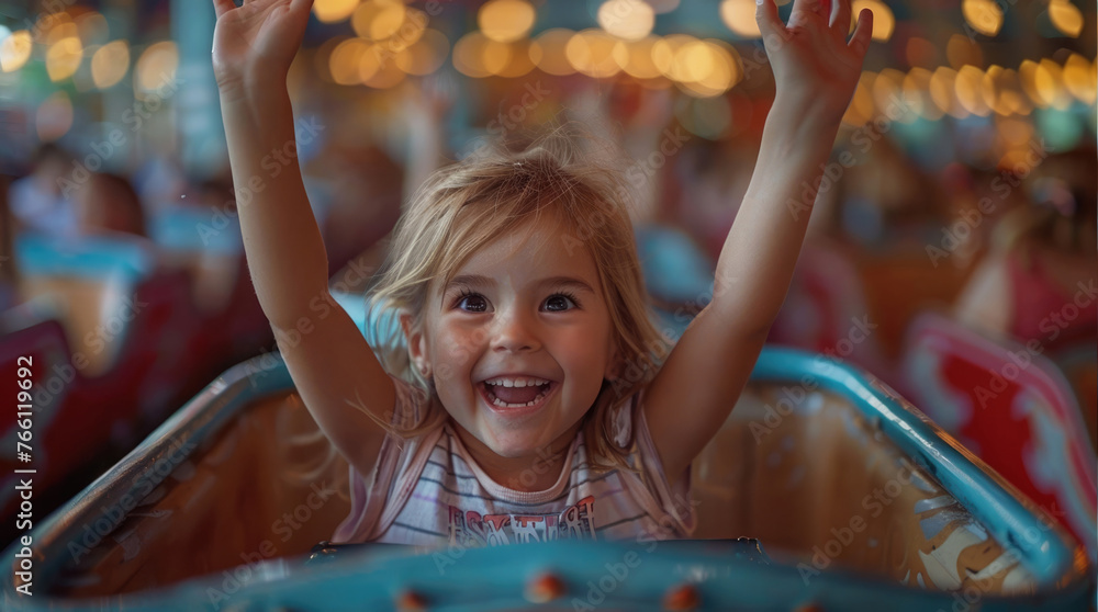 Smiling kid ride rollercoaster at amusement park. Happy childhood ...