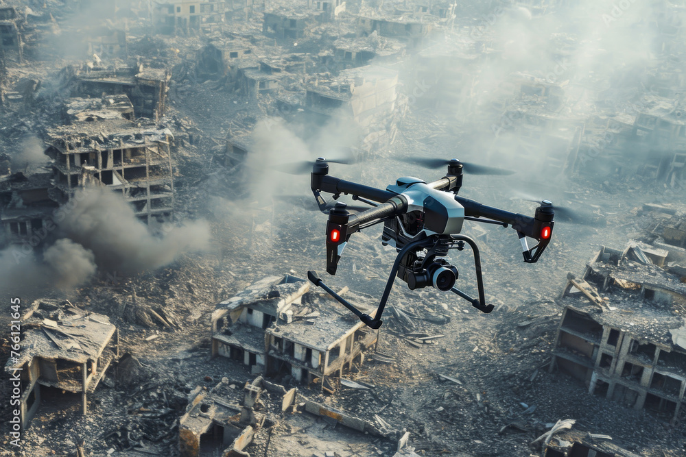 Drone equipped with camera flies over devastated urban landscape, with ...