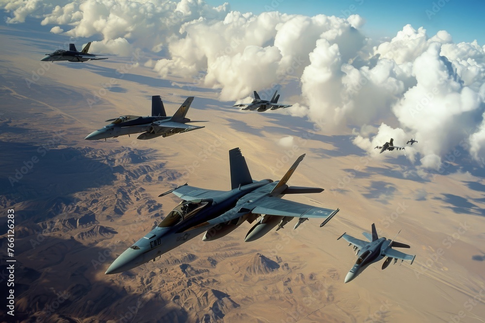Foto de A squadron of fighter jets maneuvers through the clouds as they ...