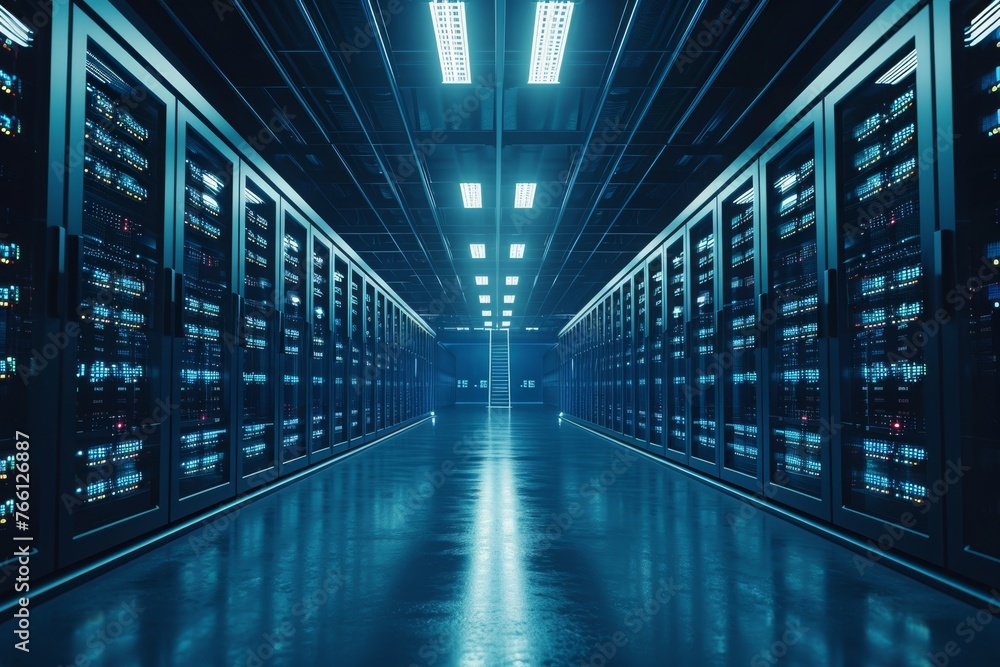 A photo of neatly aligned and organized rows of servers in a data ...