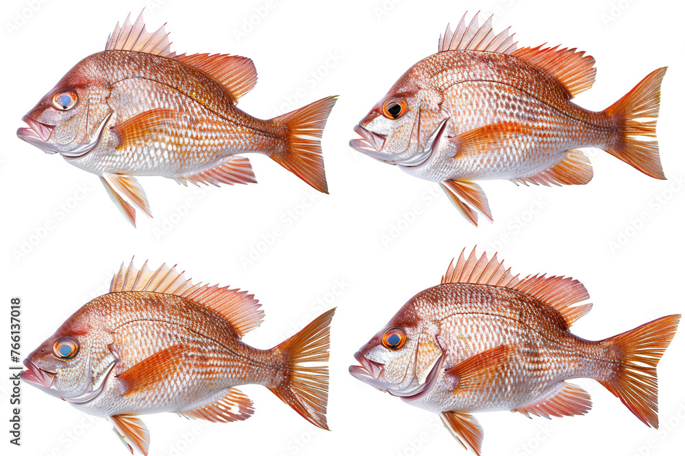 Collection of 4 snapper fish In different view isolated on white ...