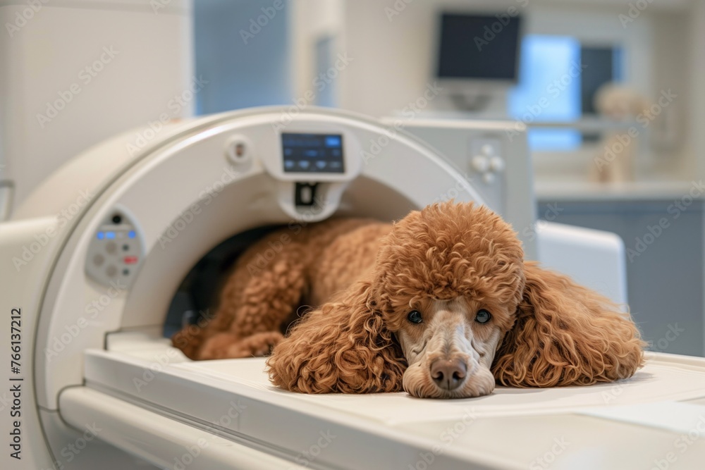 poodle lying on the CT scanner in a veterinary clinic, copy space. Vet ...