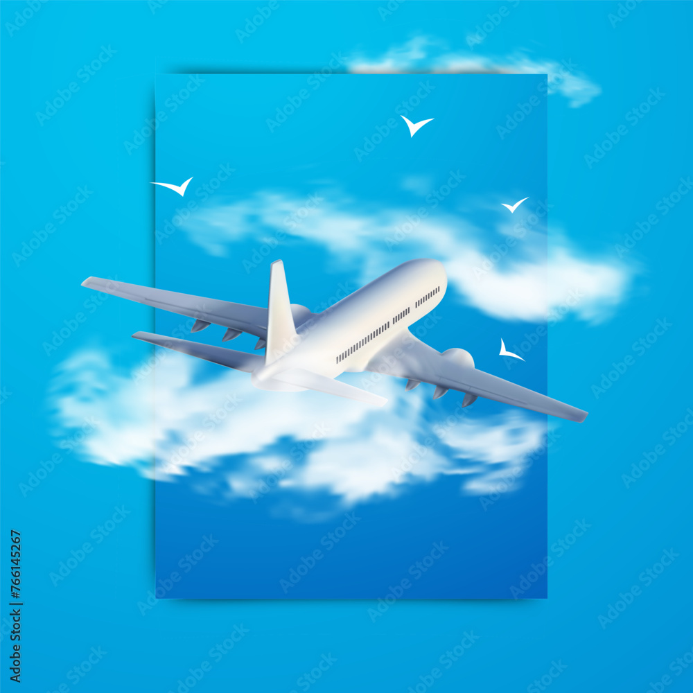 Realistic airplane flying overhead, jet aircraft mockup with blank ...