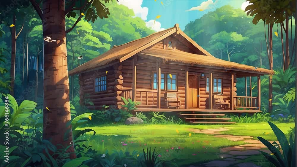 Experience the tranquility of a secluded forest glade, where a rustic ...