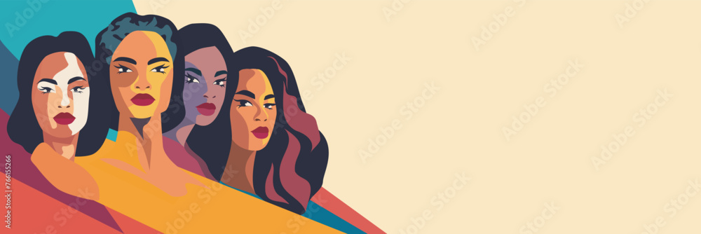 Vector horizontal banner of feminism day, strong women of different ...