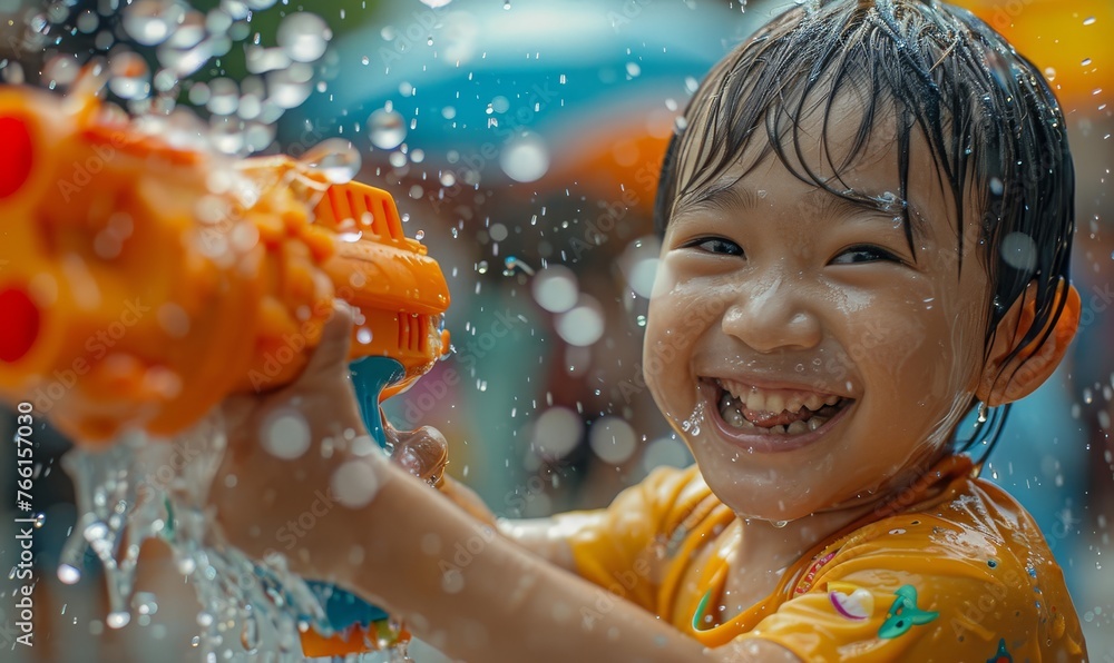 Candid happy, wonder, and joy people splashing water in Songkran ...