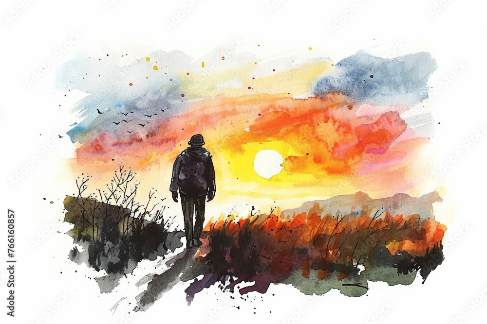 Abstract watercolor painting of a solitary hiker with a backpack ...