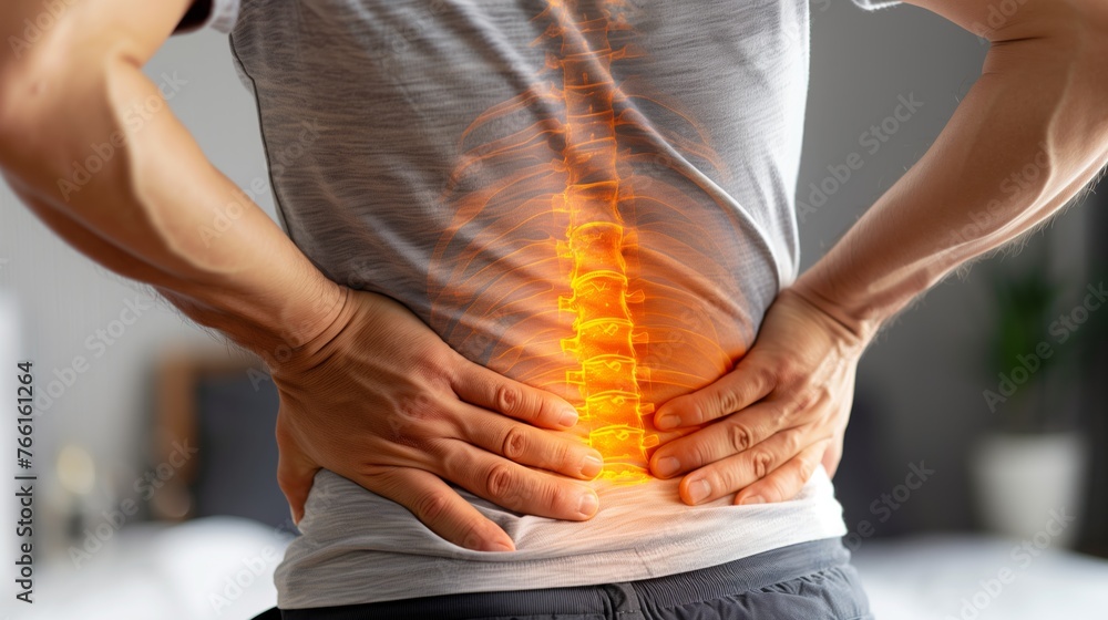 Lower back pain. Man holding his back in pain. Office syndrome, Lifting ...