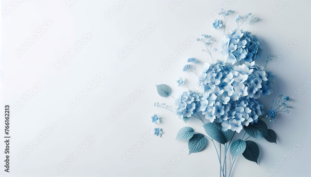A delicate blue Hydrangea arrangement is positioned in the far right ...