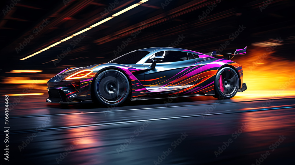 Aerodynamic racing car speeds through dynamic outdoor scenery with ...