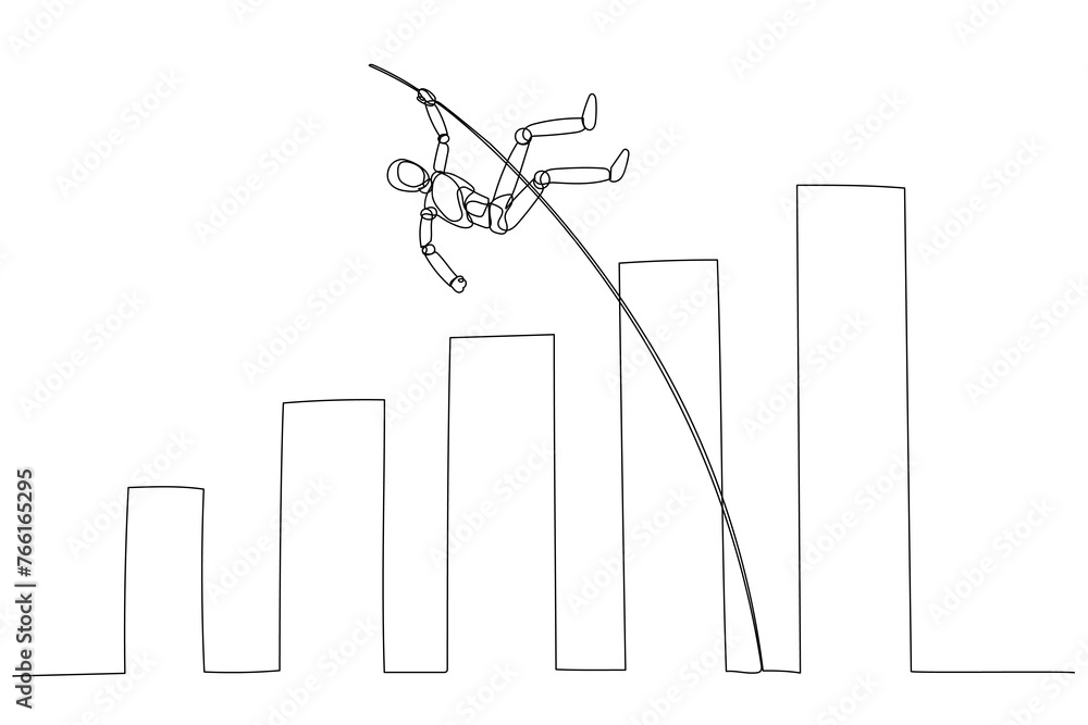 simple line drawing depicting a humanoid pole vaulting over bar graphs ...