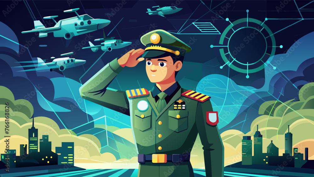 Vector illustration of a military officer saluting and military drones ...