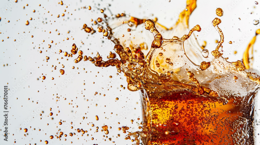 A carbonated soft drink exploding in a lively splash against a white ...
