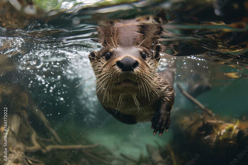 Otter diving in river, animal approaching underwater with big nose and ...