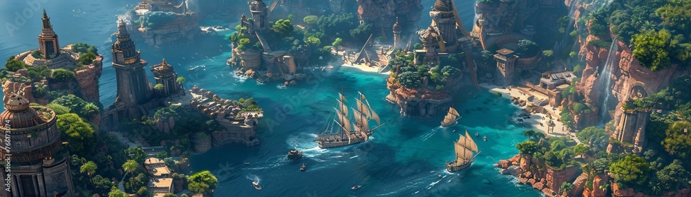 Design a detailed aerial scene of a pirate haven, complete with rugged ...