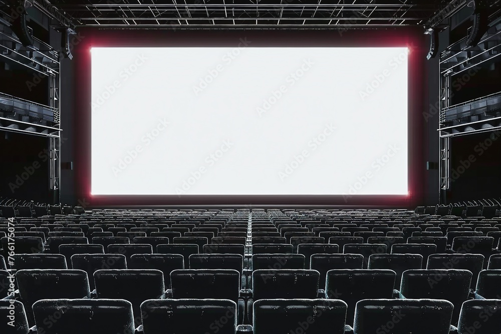 Cinema hall with auditorium watching movie on blank screen mockup ...