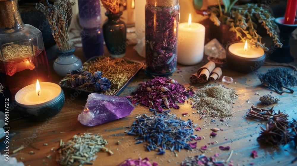 An enigmatic spread of various herbs and witchcraft ingredients ...