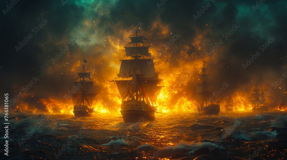 Pirate ship battle in the high seas, emphasizing dramatic action and ...