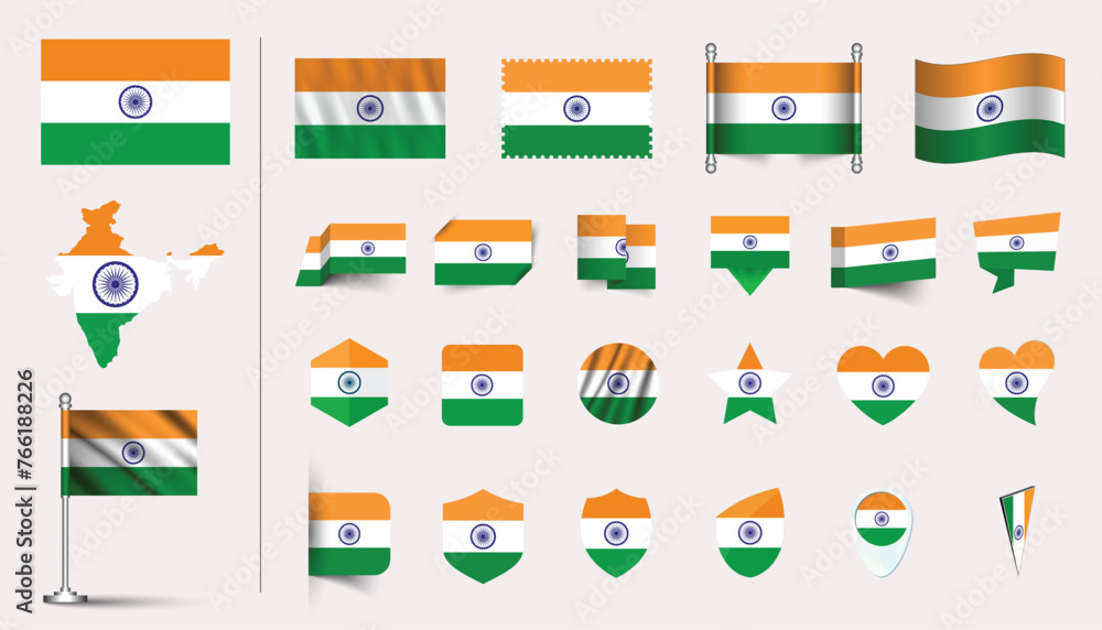 set of India flag, flat Icon set vector illustration. collection of ...