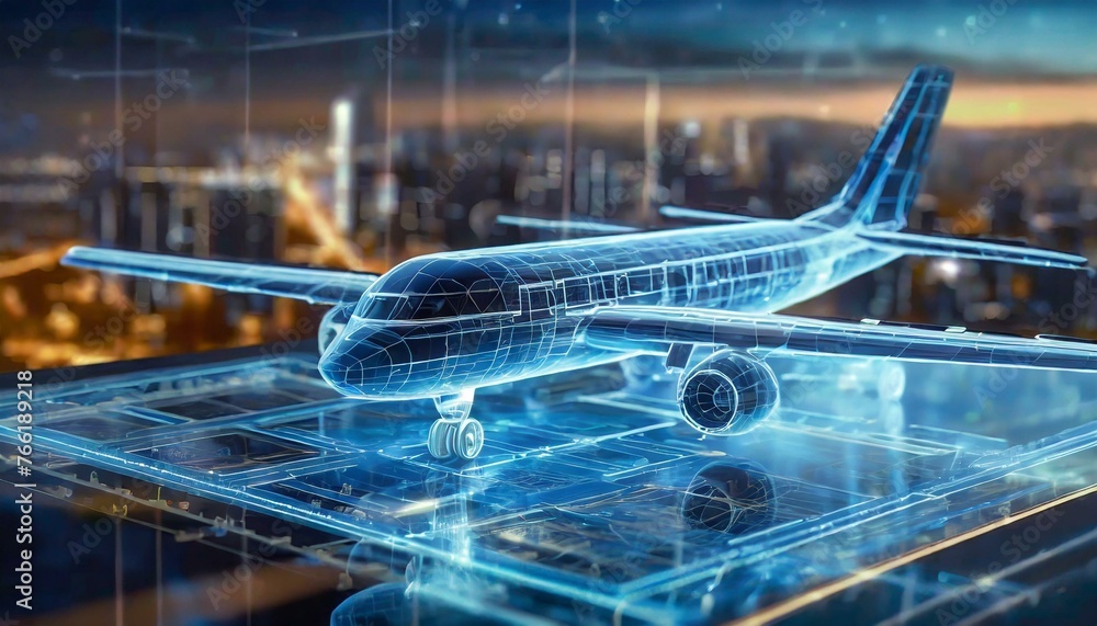 Futuristic holographic outline model of a civil airplane. Cold tone ...