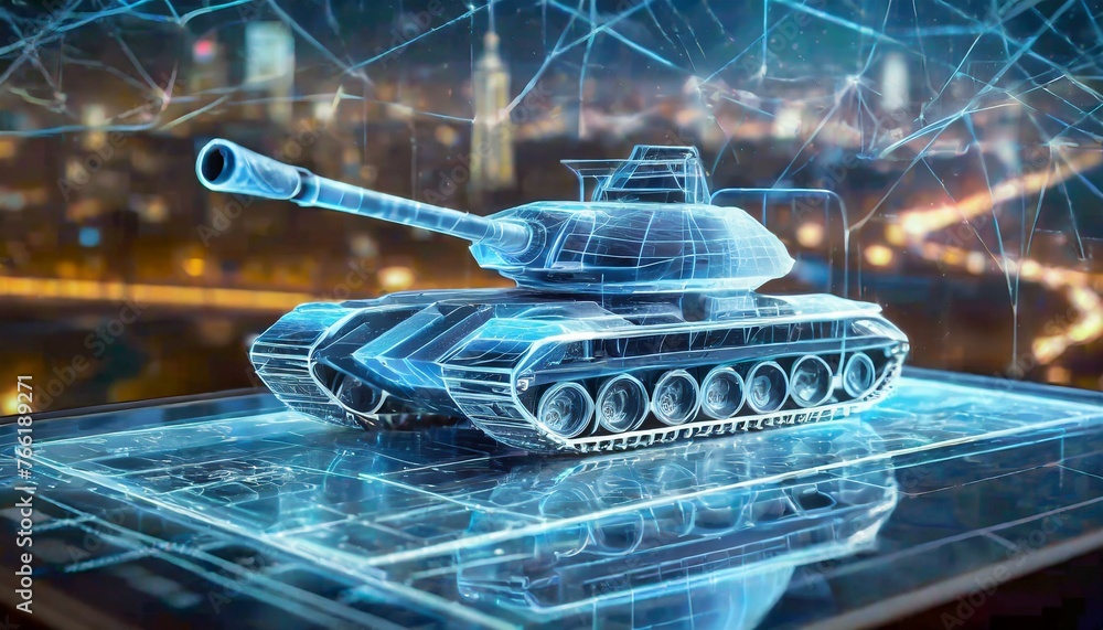 Futuristic holographic outline model of a tank. Cold tone wireframe of ...