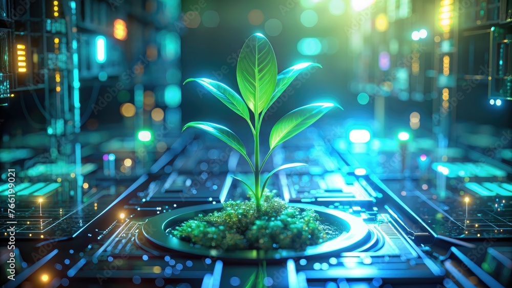 Plant on digital motherboard - A lone plant is illuminated by ambient ...