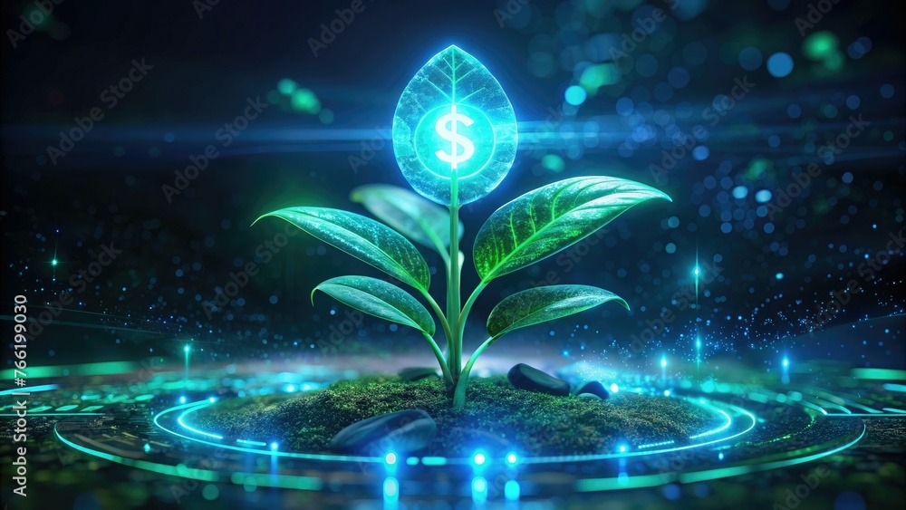 Glowing plant with dollar sign on leaves - A conceptual digital artwork ...