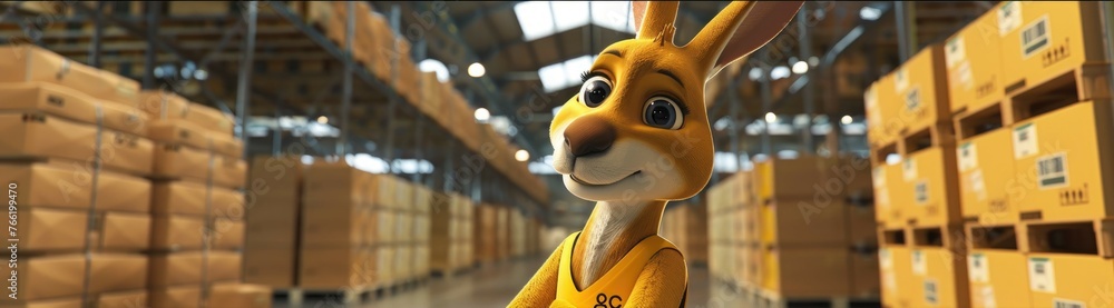 Cheerful kangaroo character in warehouse setting symbolizing logistics ...