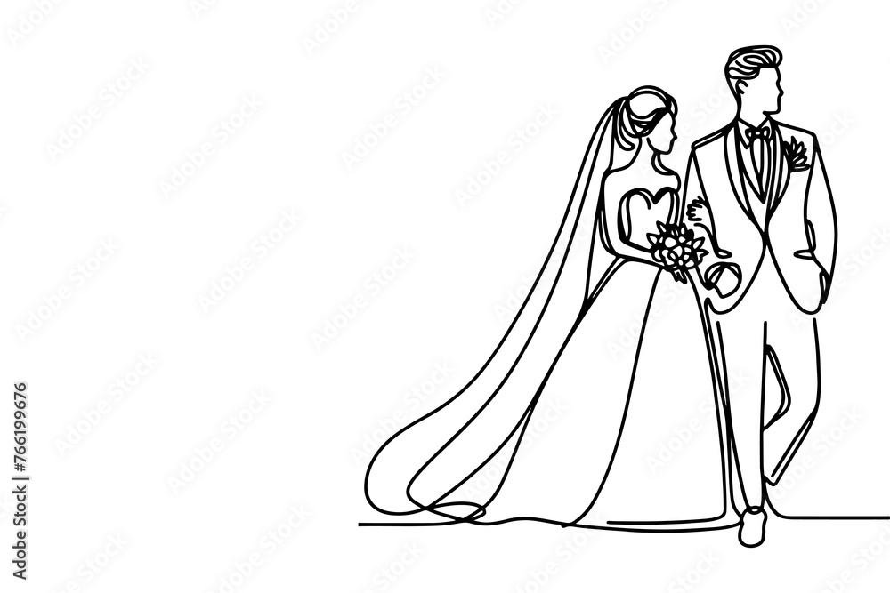 One continuous single drawing black line art doodle wedding couple ...
