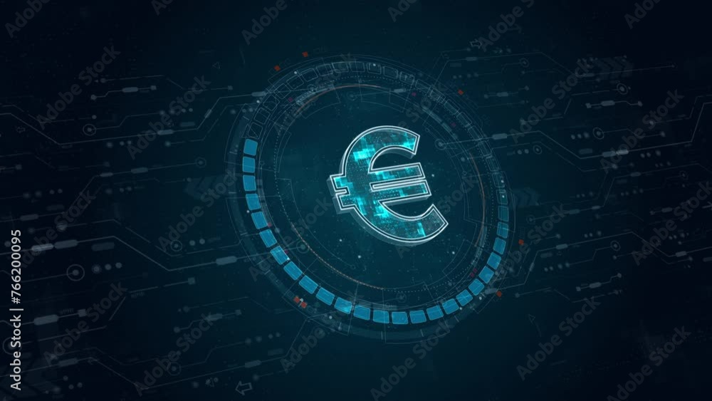 Motion graphic of Blue digital money logo with rotation HUD UI circle ...