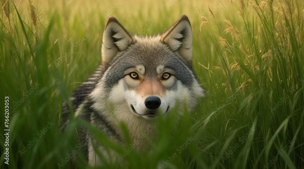 Behold the enigmatic beauty of a wolf, its piercing eyes peering out ...
