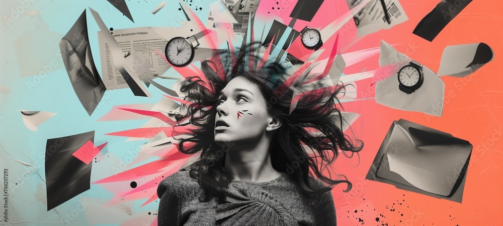 Concept of chaos and information overload. A young woman with her hair ...