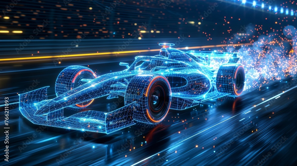 Wireframe F1 bolid car with spheres from flying debris. Low poly ...